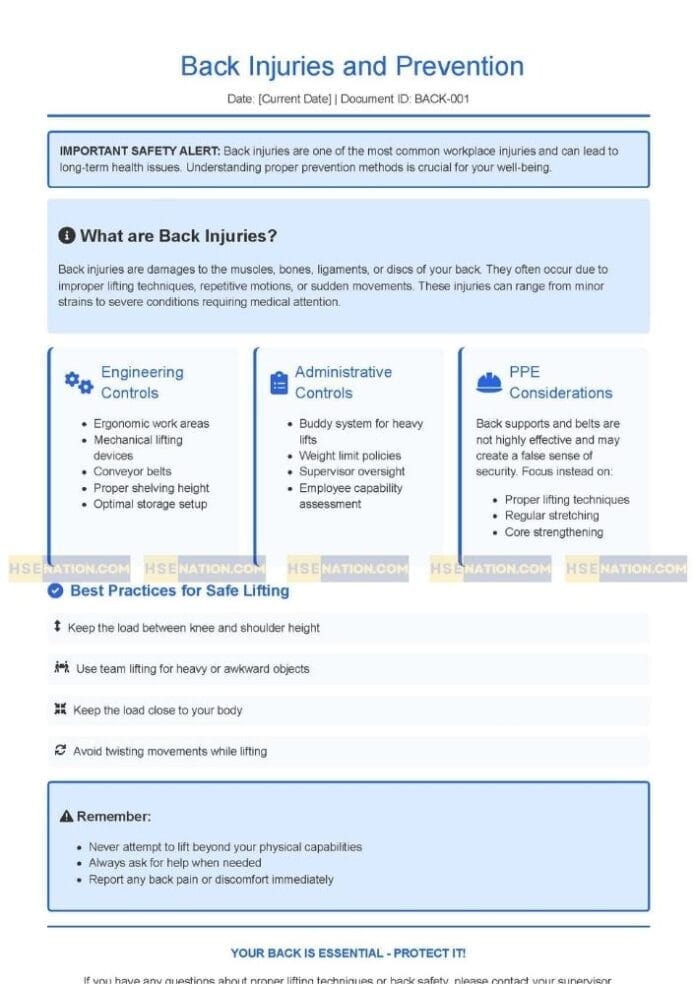 Back Injuries and Prevention Safety Toolbox Talk - Download | HSENation